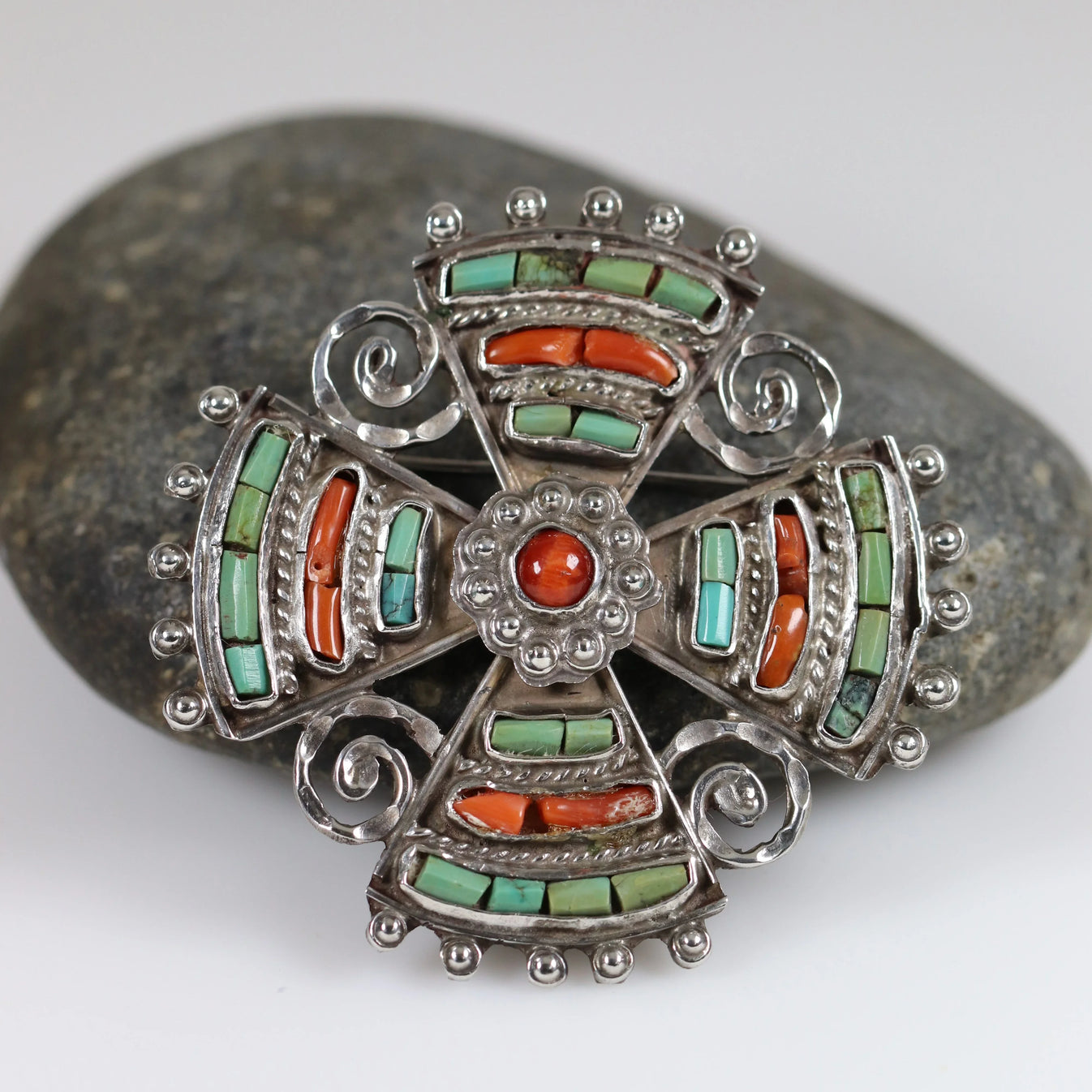 MATL Brooch | Matilde Poulat Coral and Turquoise Cross Pin | Vintage S ...