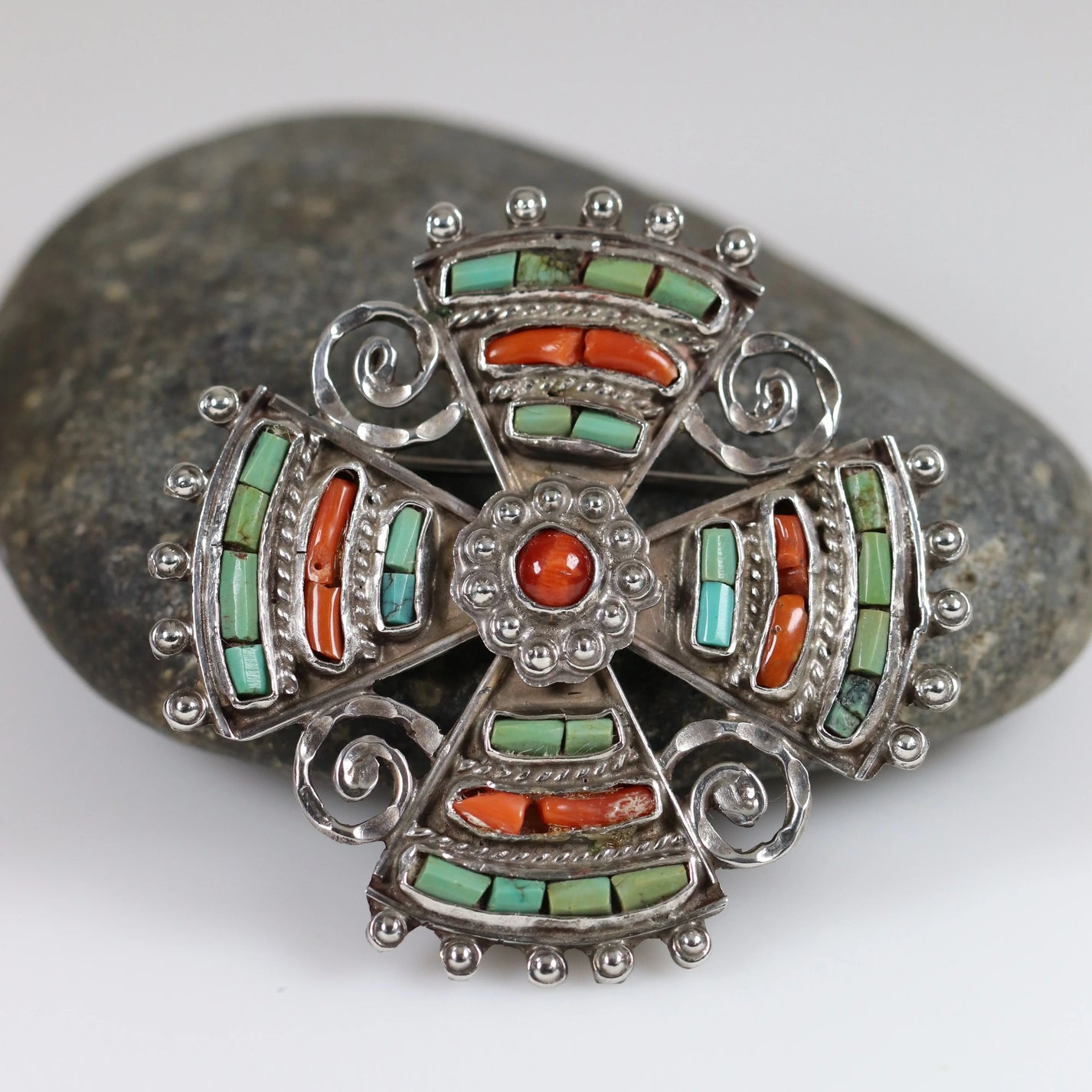 MATL Brooch | Matilde Poulat Coral and Turquoise Cross Pin | Vintage S ...