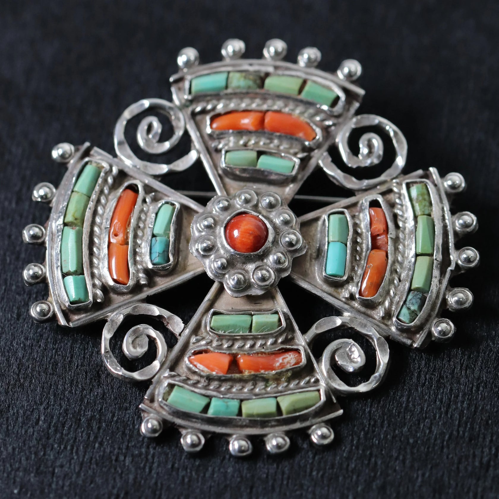 MATL Brooch | Matilde Poulat Coral and Turquoise Cross Pin | Vintage S ...
